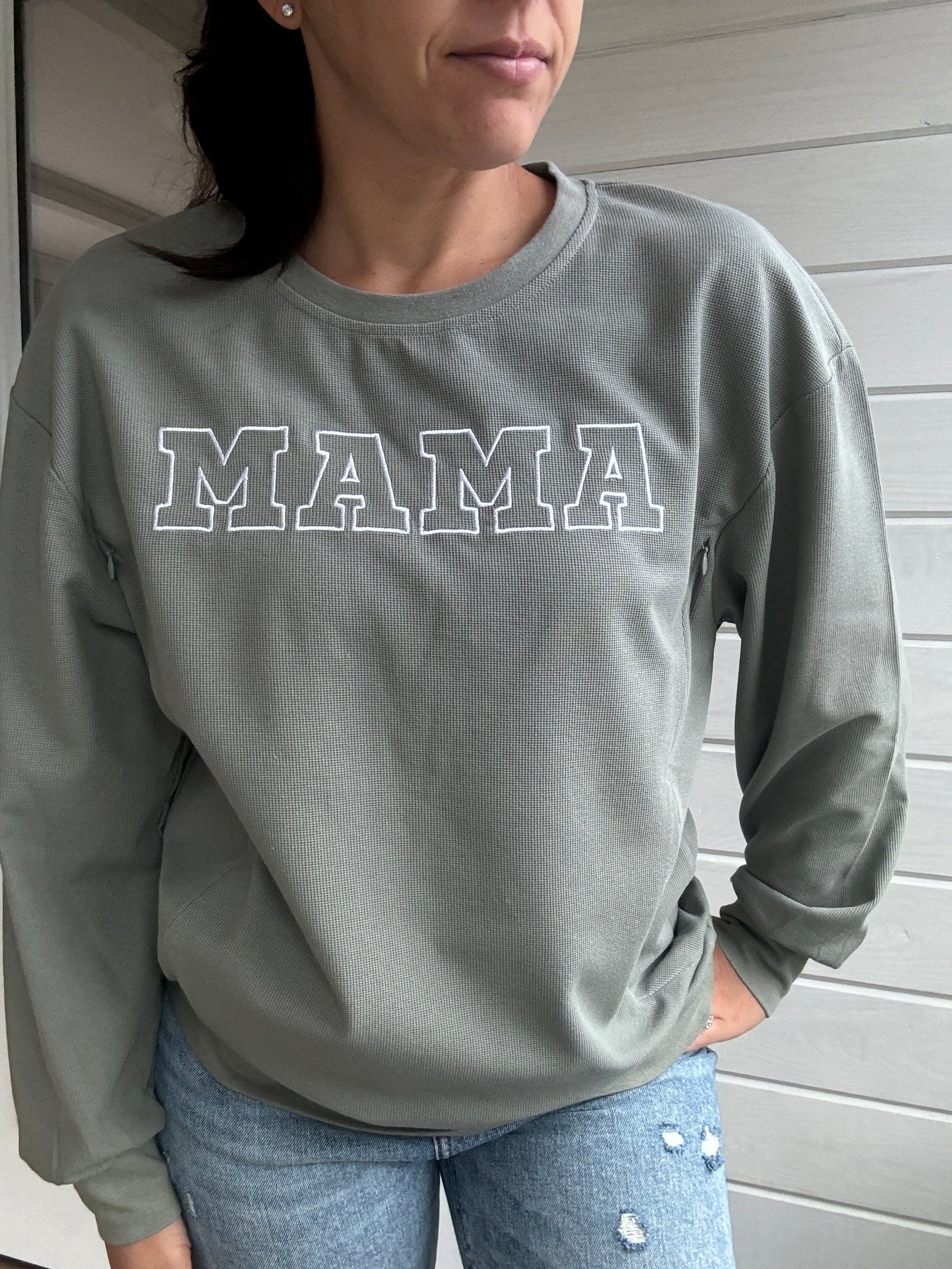 Waffle Knit Mama Crewneck Hidden Zipper Nursing Top – All Things Mama ...