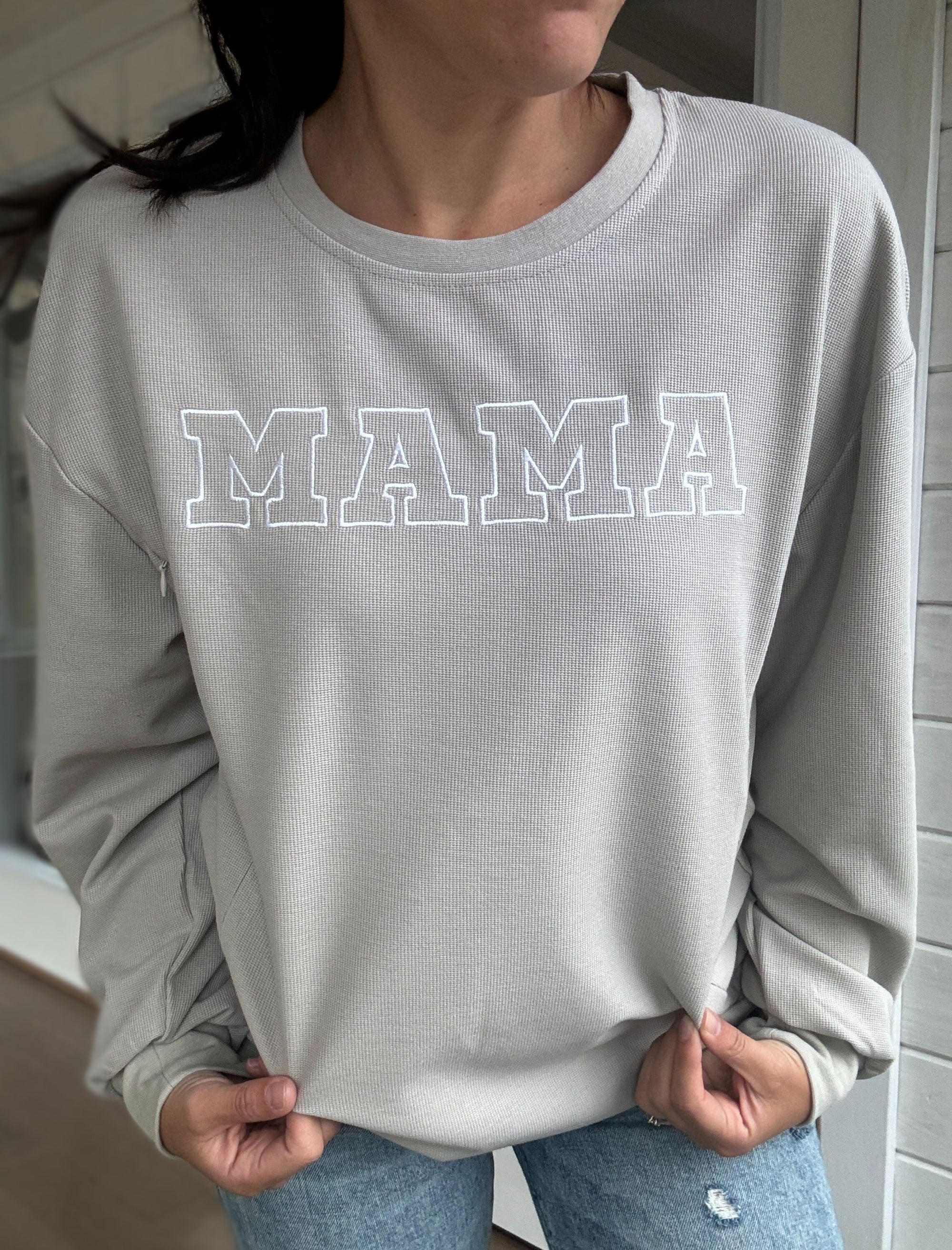 Waffle Knit Mama Crewneck Hidden Zipper Nursing Top – All Things Mama ...